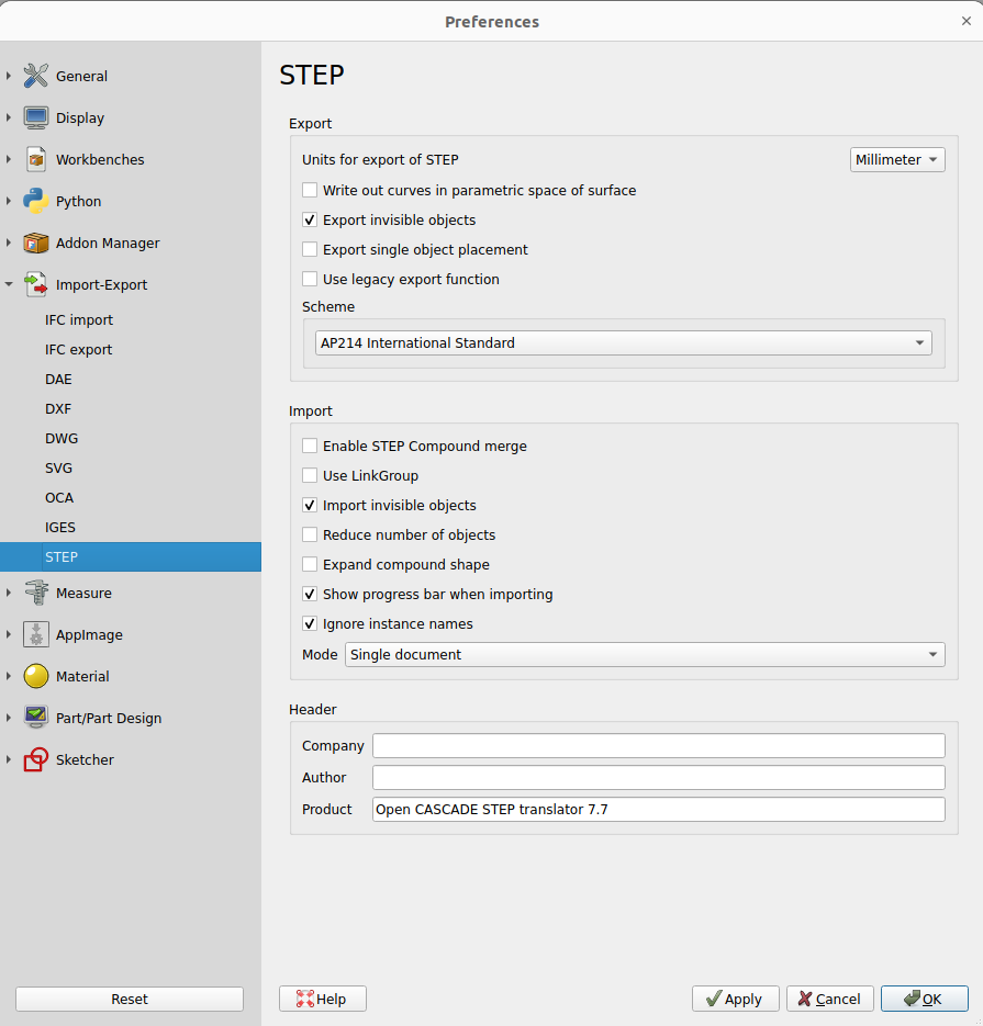 Here, define basic parameters for importing and exporting in various formats.